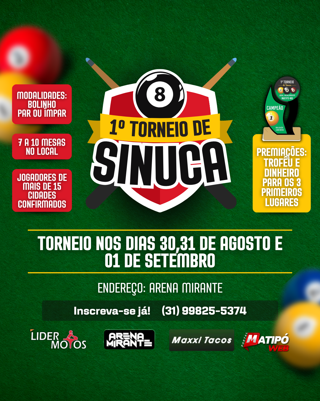 Matipó - 1º Torneio de Sinuca na Arena Mirante promete movimentar a ...